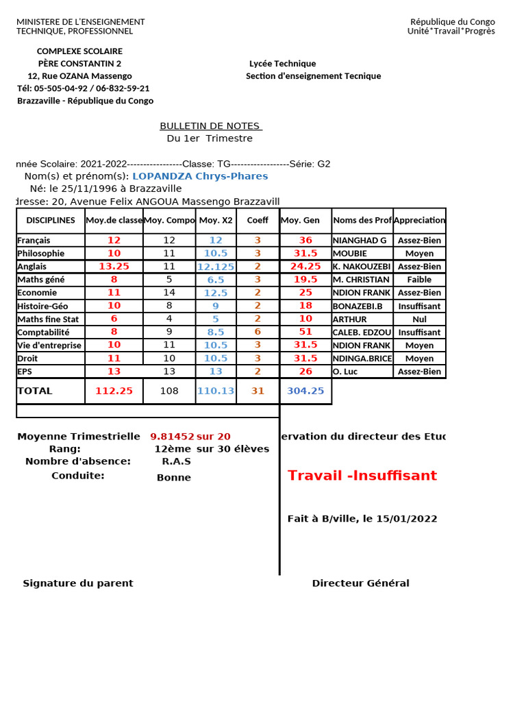 Bulletin de Notes Scolaires 2021-2022 | PDF