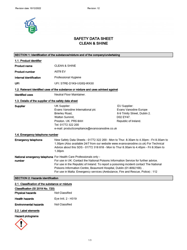 SDS - Evans Clean and Shine | PDF | Occupational Safety And Health | Safety