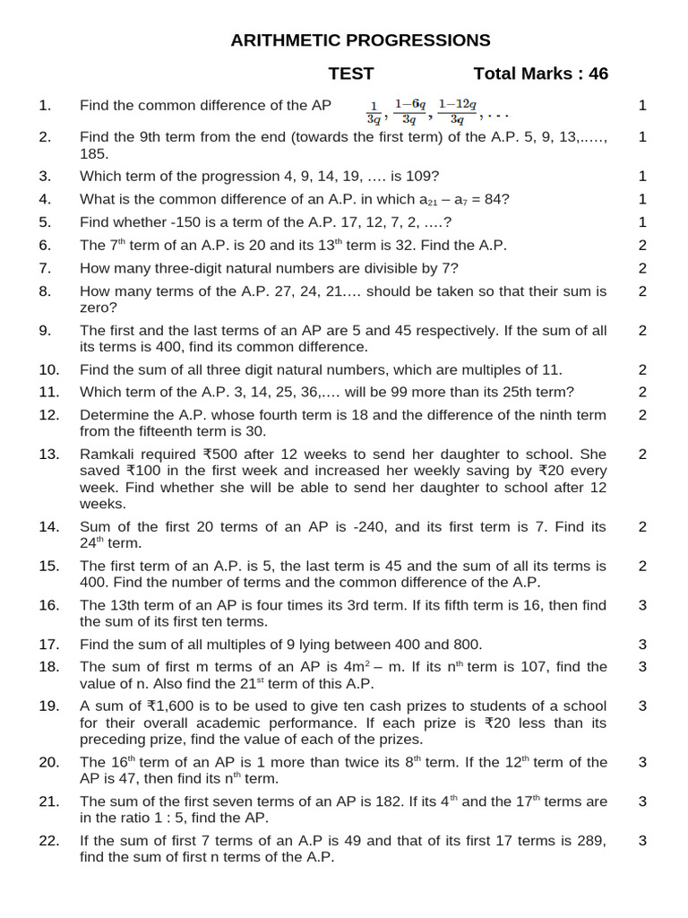 ARITHMETIC PROGRESSIONS - Test | PDF | Mathematics | Arithmetic