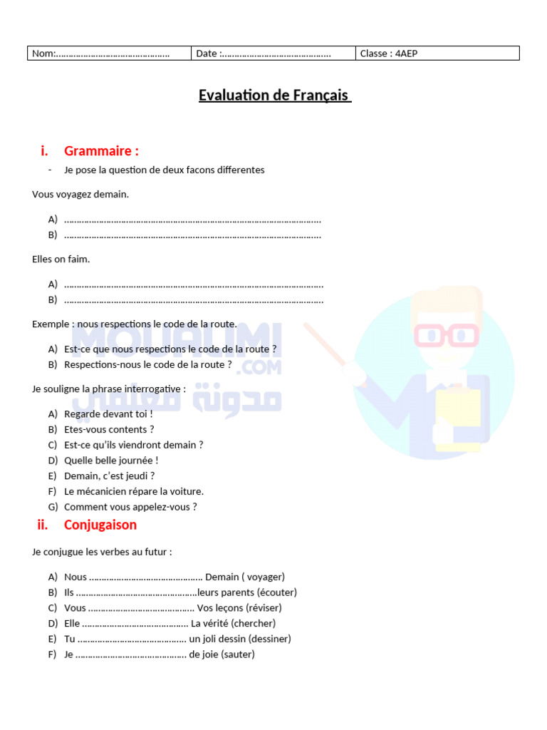 Évaluation de Français 4ème Année | PDF