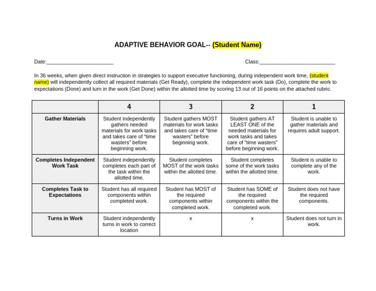 EXAMPLE Adaptive Behavior Goal | PDF | Behavioural Sciences | Psychology
