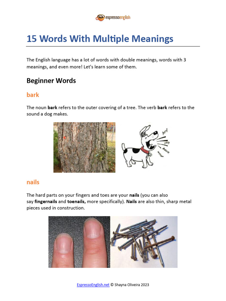 Free PDF Words With Multiple Meanings | PDF | Nail (Anatomy) | Verb