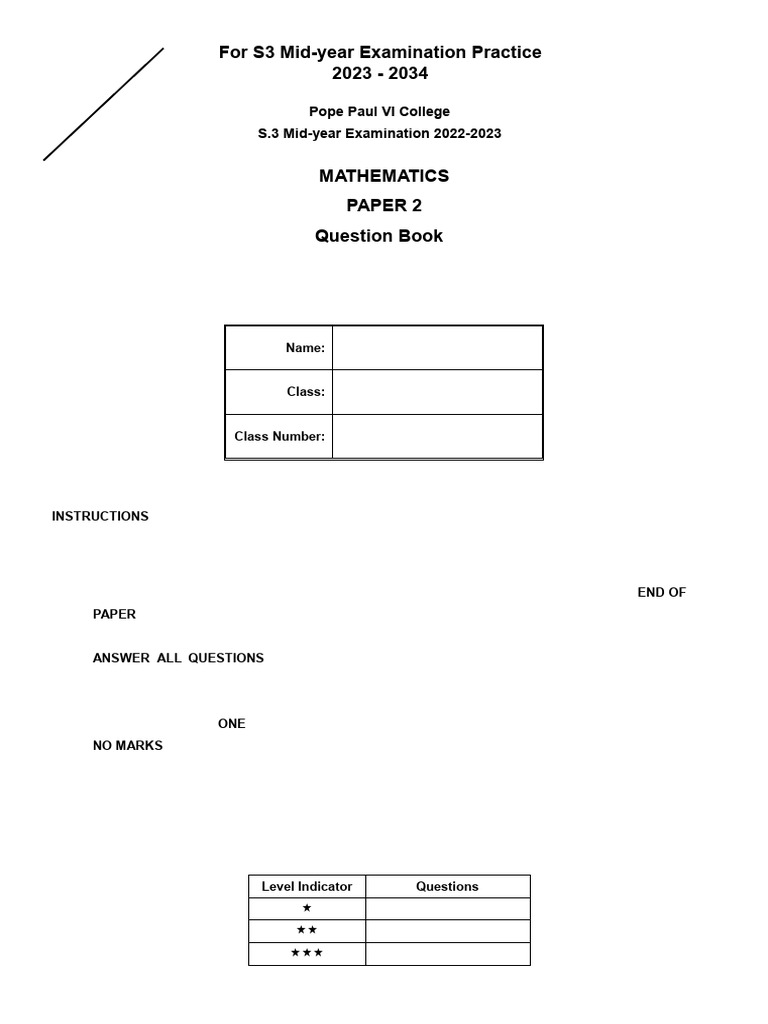 S3 Maths - Mid - Exam - Paper 2 | PDF