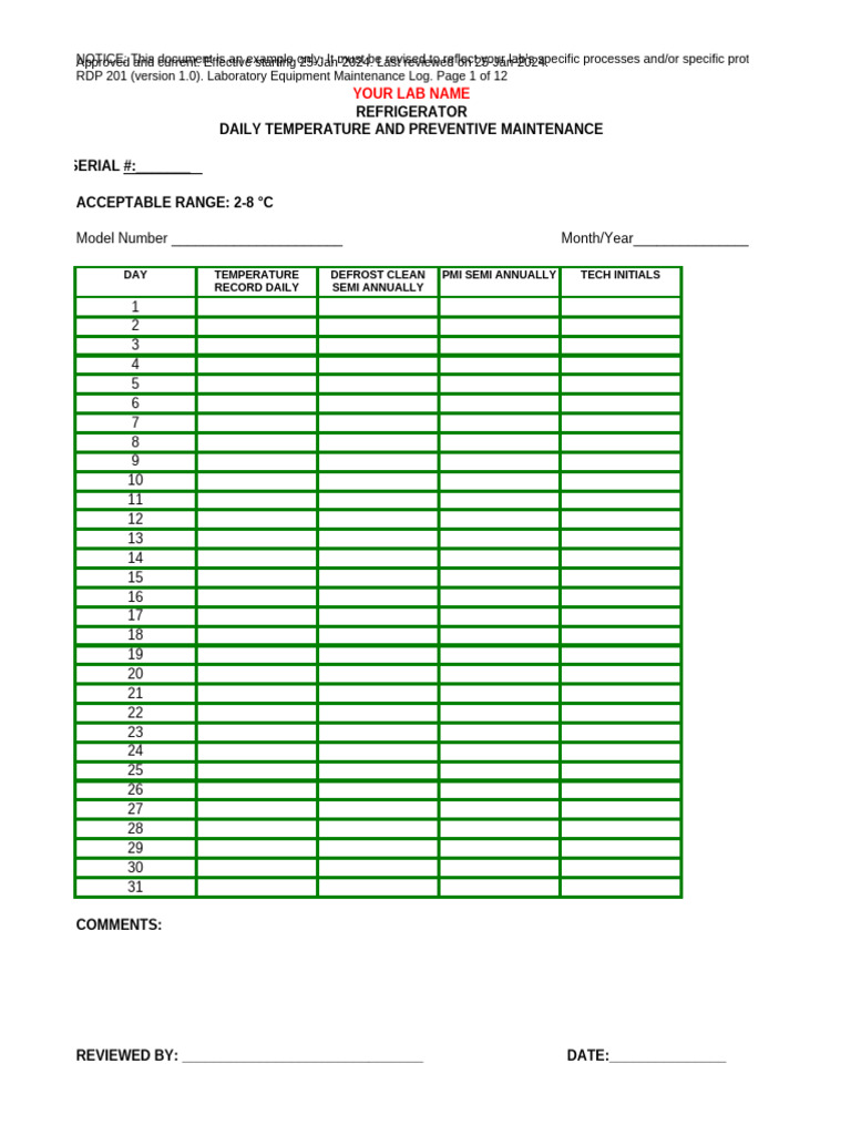 RDP 201 Laboratory Equipment Maintenance Log | PDF | Refrigerator ...