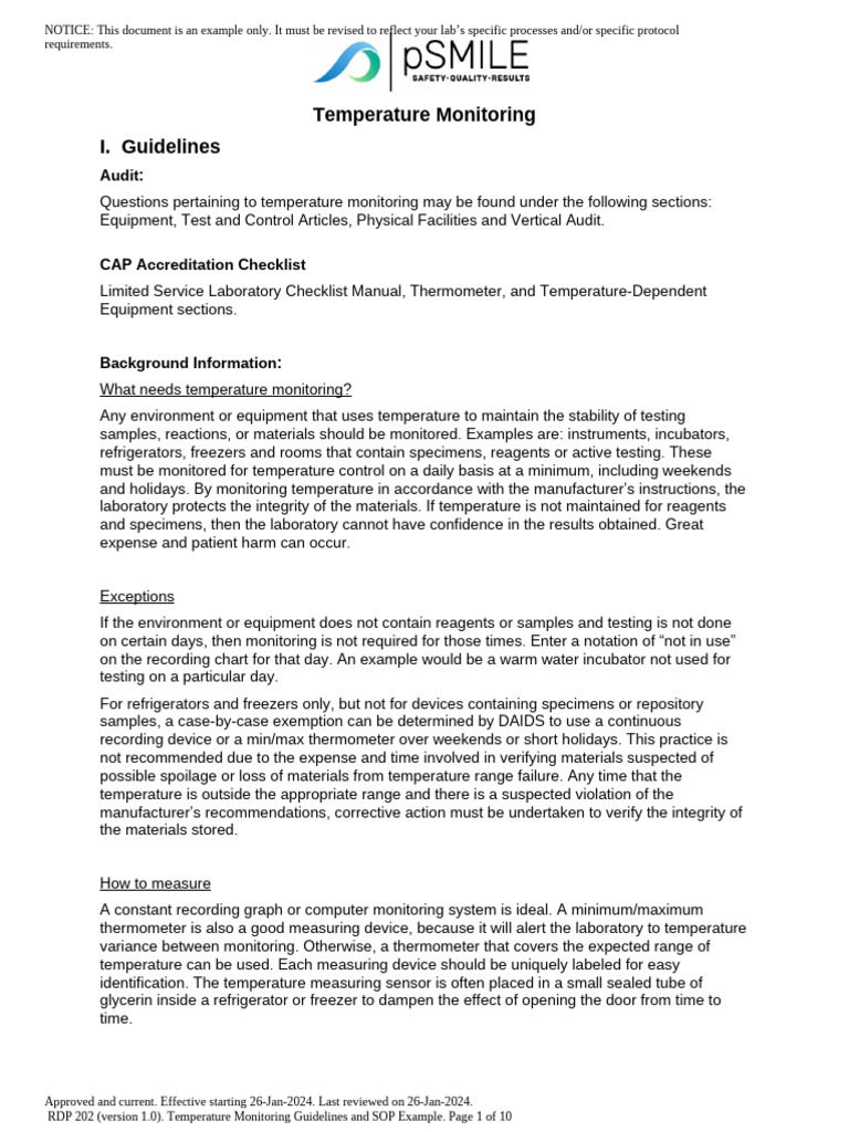 RDP 202 Temperature Monitoring Guidelines and SOP Example | PDF ...
