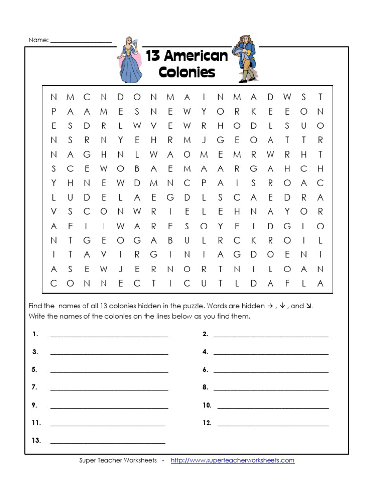 13 Colonies Wordsearch - 13COL | PDF | Word Search | Linguistics