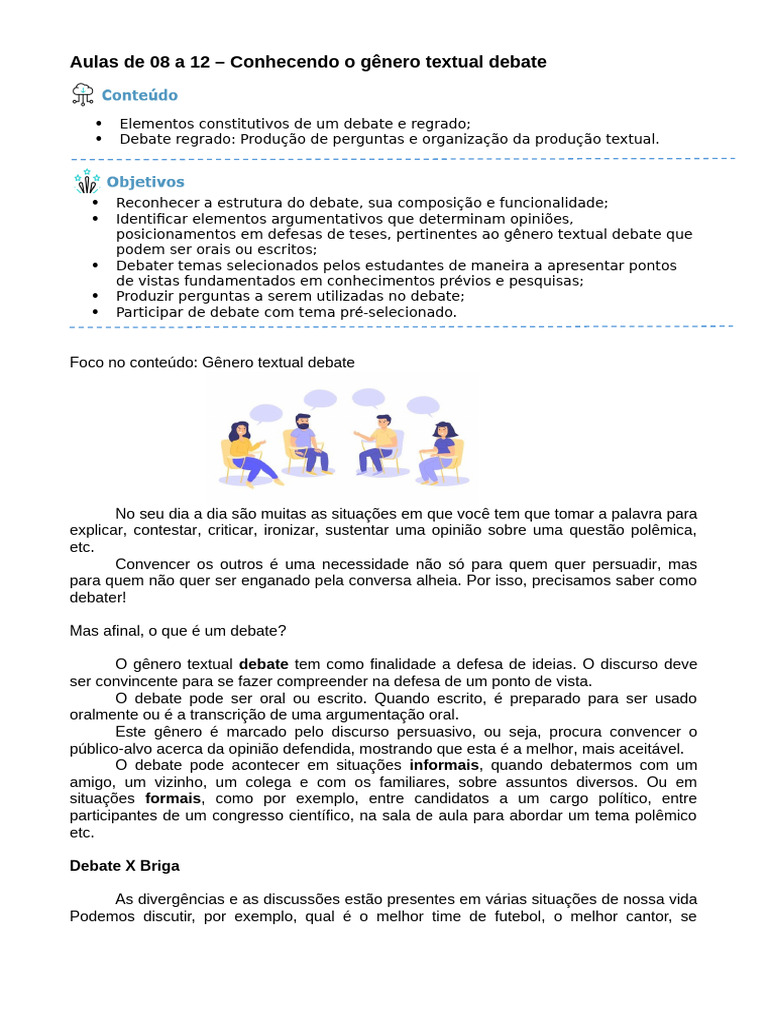 Aulas de 08 a 12 – Conhecendo o gênero textual debate | PDF | Gênero ...