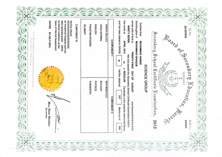 Matric Certificate | PDF
