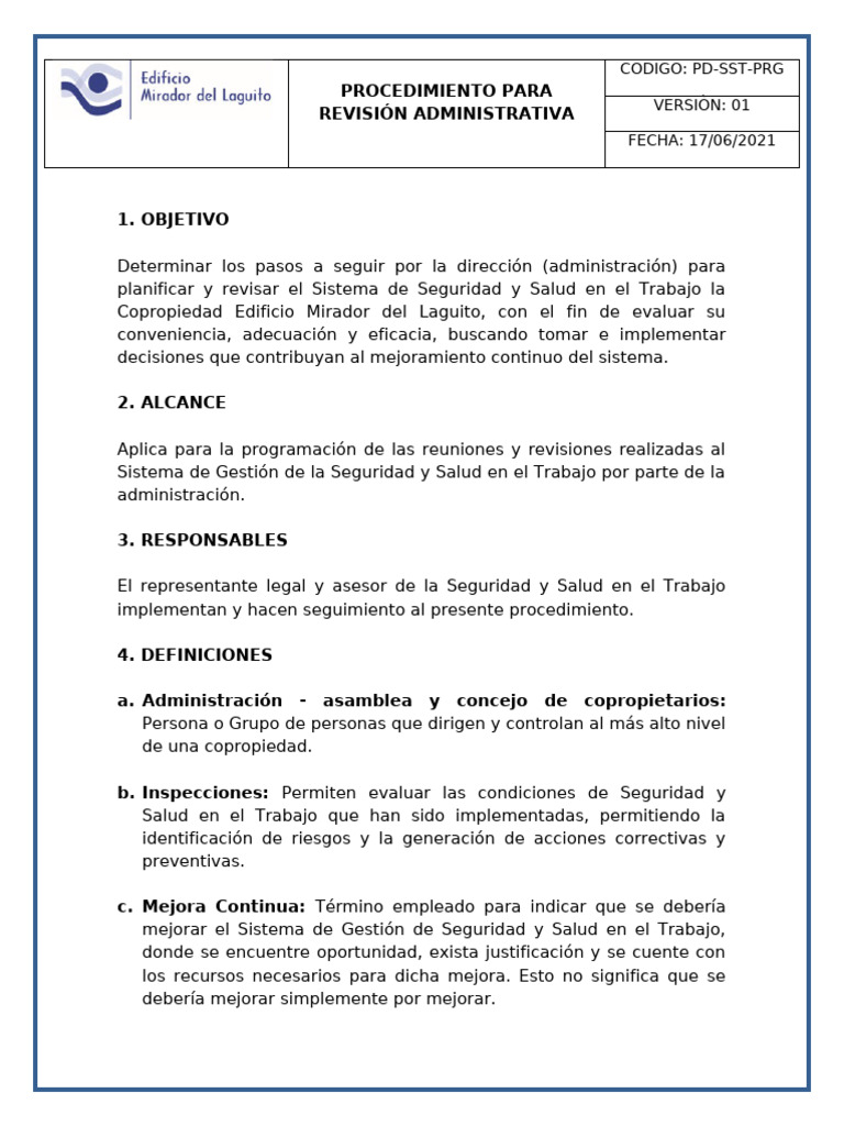 Procedimiento de Revisión Administrativa SST | PDF | Auditoría