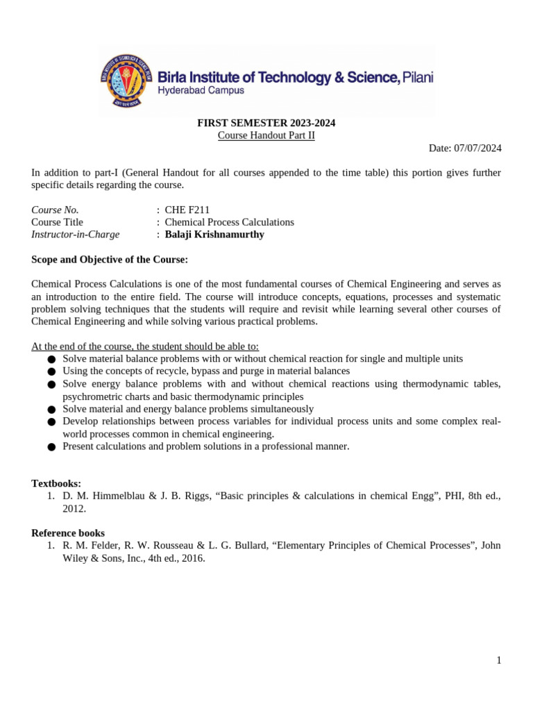 CHE F211 Chemical Process Calculations | PDF | Enthalpy | Quantity