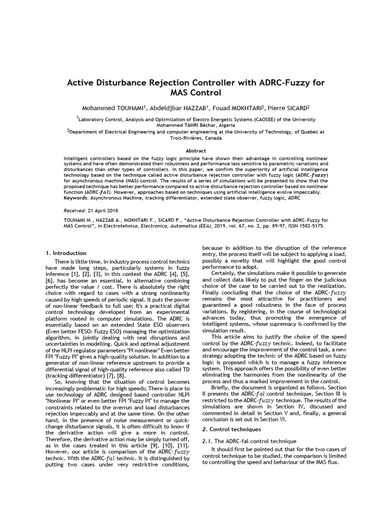 Active Disturbance Rejection Controller With ADRC-fuzzy For MAS Control ... Active Disturbance Rejection Controller With ADRC-fuzzy For MAS Control ...