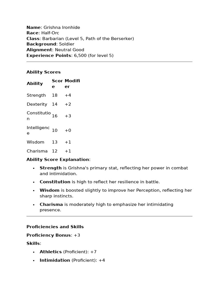 Grishna Ironhide Stat Sheet | PDF