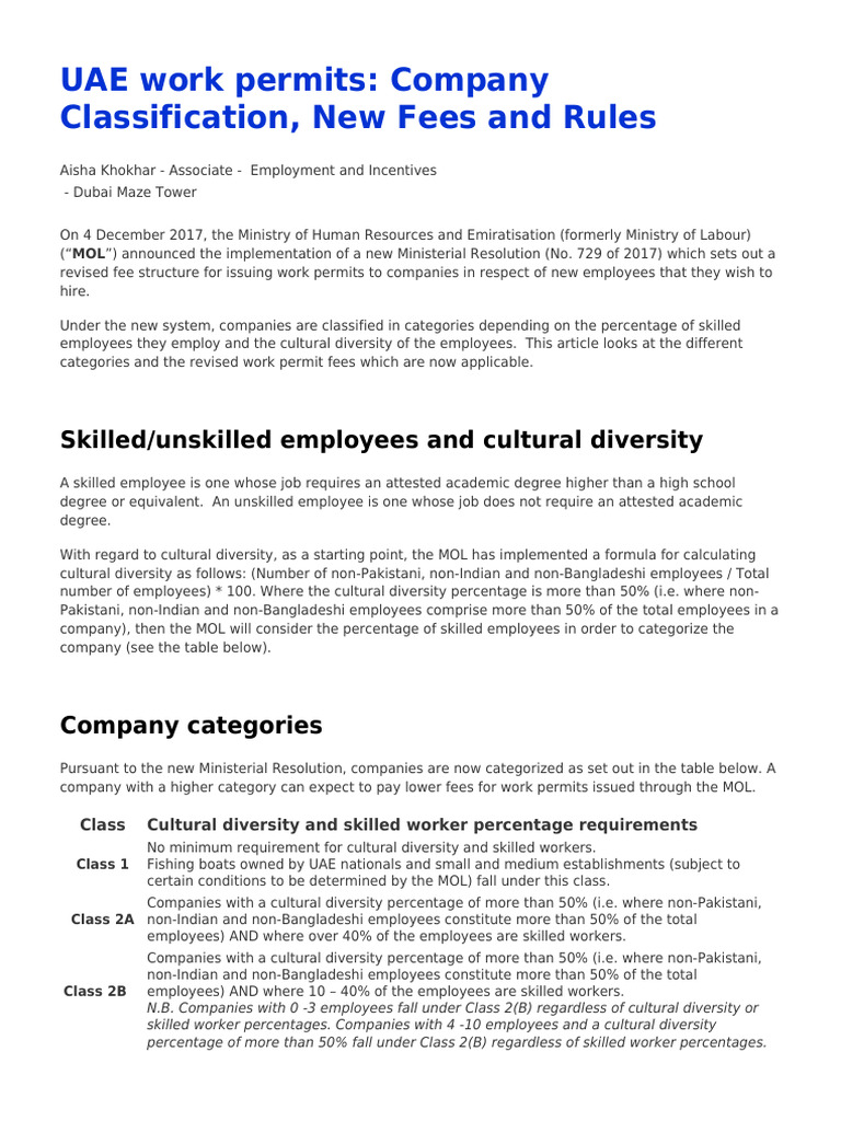 UAE Work Permit Fees & Categories | PDF | Employment | Labor