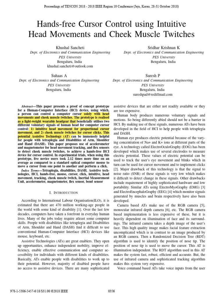 Hands-Free Cursor Control Using Intuitive Head Movements and Cheek Muscle Twitches | PDF ...