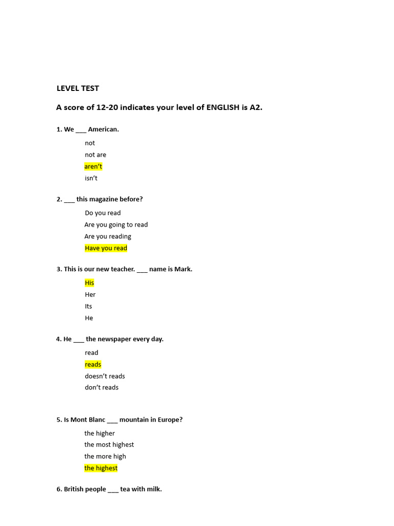 Level Test A1a2 | PDF
