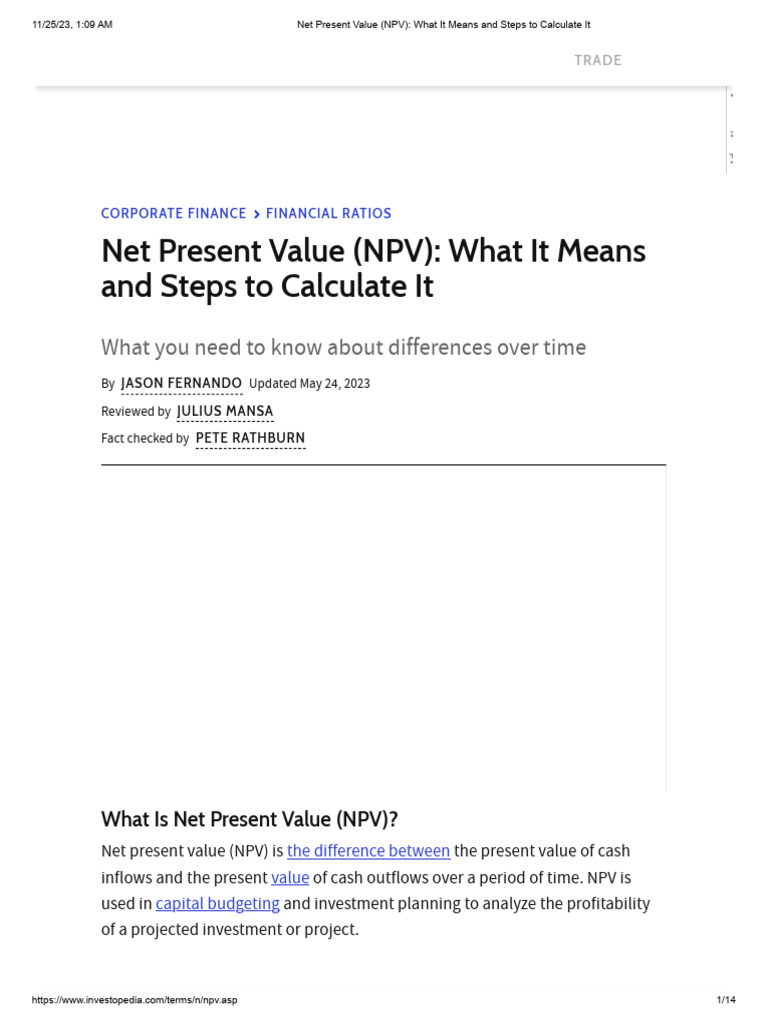 Net Present Value Npv What It Means And Steps To Calculate It Pdf Net Present Value