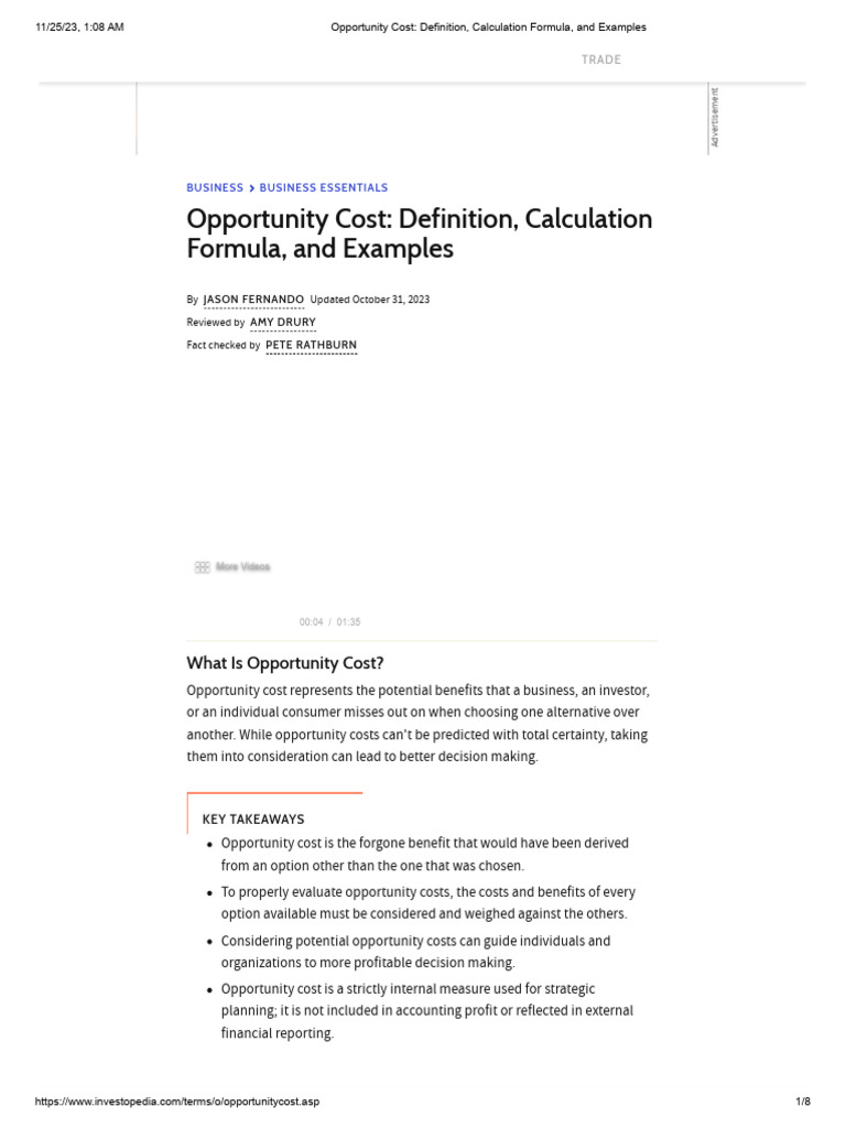 Opportunity Cost - Definition, Calculation Formula, and Examples | PDF ...