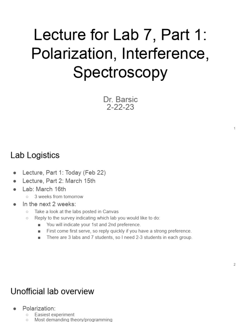 Lecture For Lab 7, Part 1 Polarization, Interference, Spectros | PDF | Interferometry ...