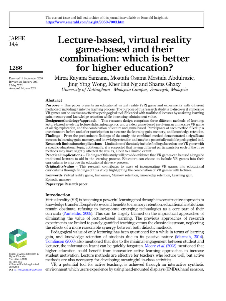 Lecture Based Virtual Reality Game Based And Their Combination Which Is