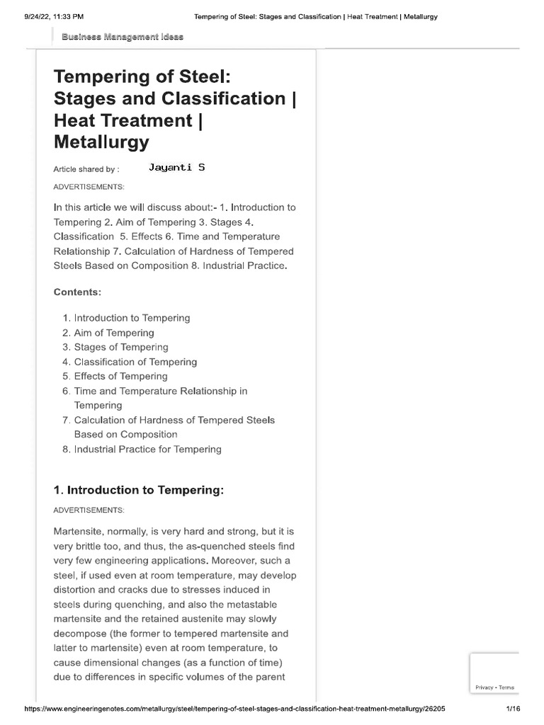 Tempering of Steel - Stages and Classification - Heat Treatment - Metallurgy | PDF