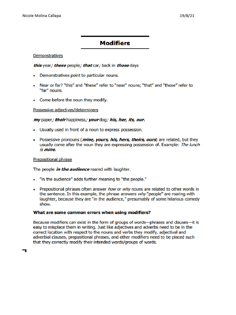 Modifiers Exercises 19-8-21 (Nicole Molina C.) | PDF | Sentence ...