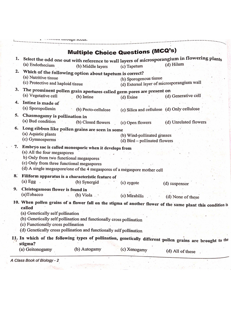 MCQ Sexual Reproduction in Flowering Plant | PDF