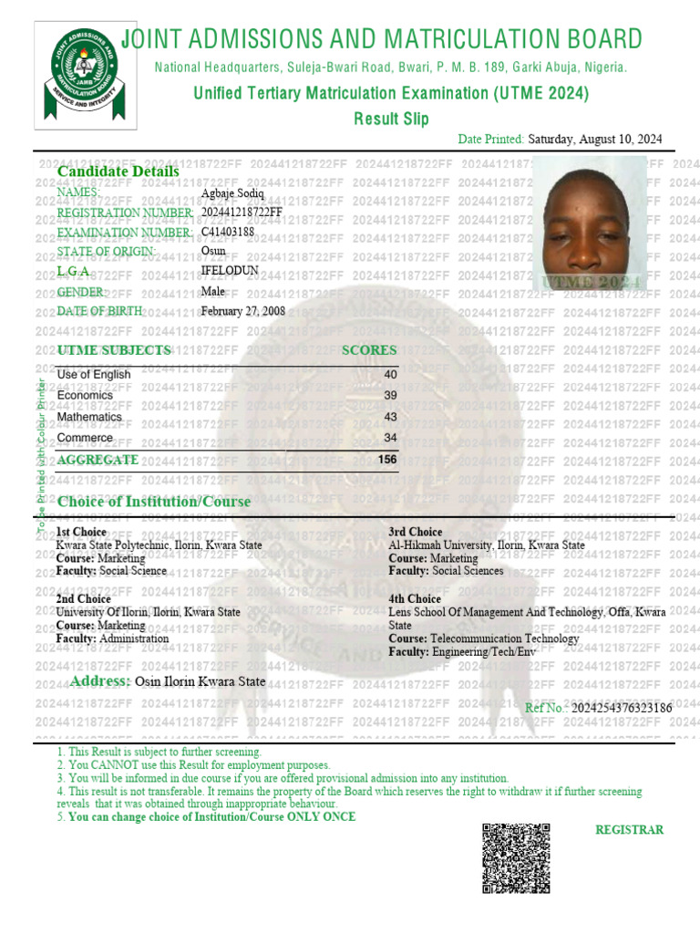 UTME 2024 Result Slip Details | PDF