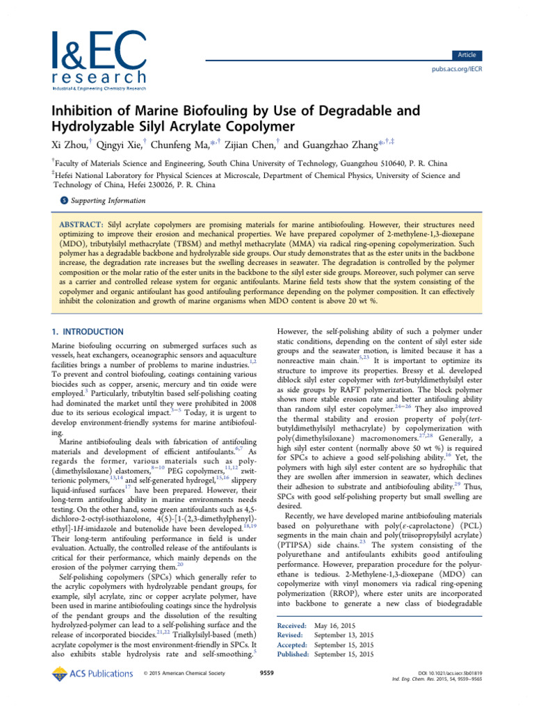 Inhibition of Marine Biofouling by Use of Degradable AndHydrolyzable Silyl Acrylate Copolymer ...