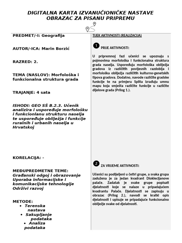 Obrazac pripremeDIGITALNA KARTA IZVANUČIONIČKE NASTAVE 1-1 | PDF