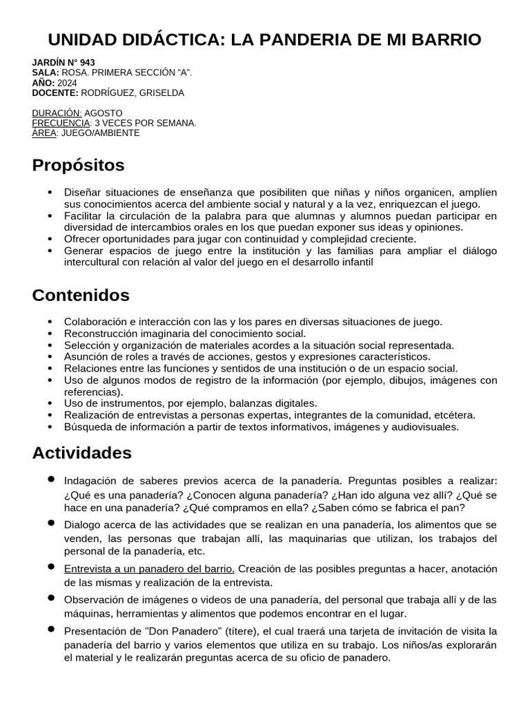 Unidad Didactica La Panaderia | PDF | Panes | Panadería