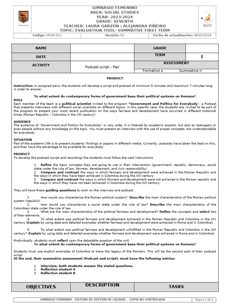 7º - Assessment Tool - Summative UNIT I - MYP 23-24 | PDF | Information ...