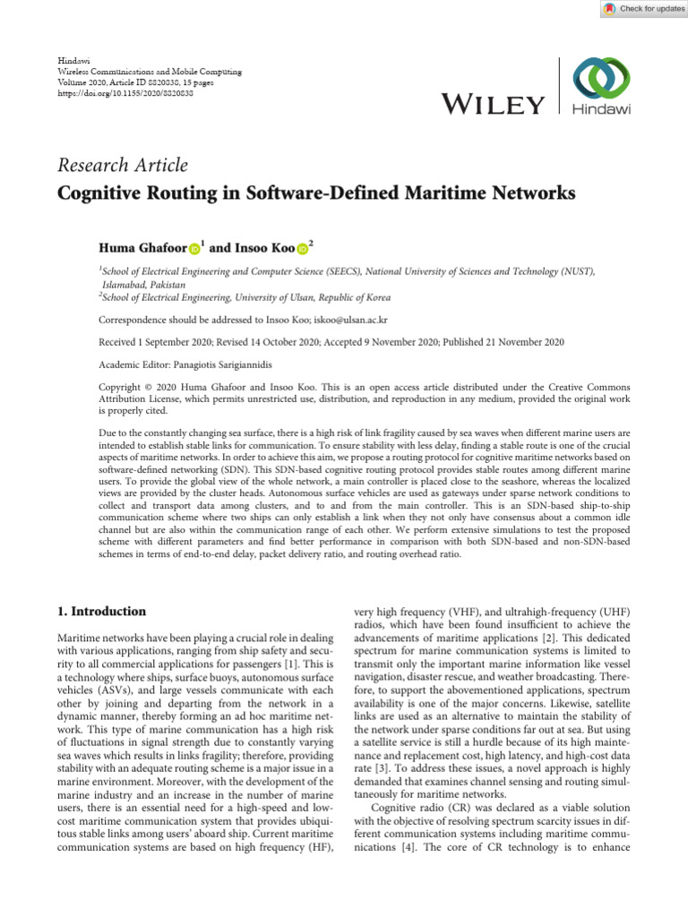 Wireless Communications and Mobile Computing - 2020 - Ghafoor - Cognitive Routing in Software ...