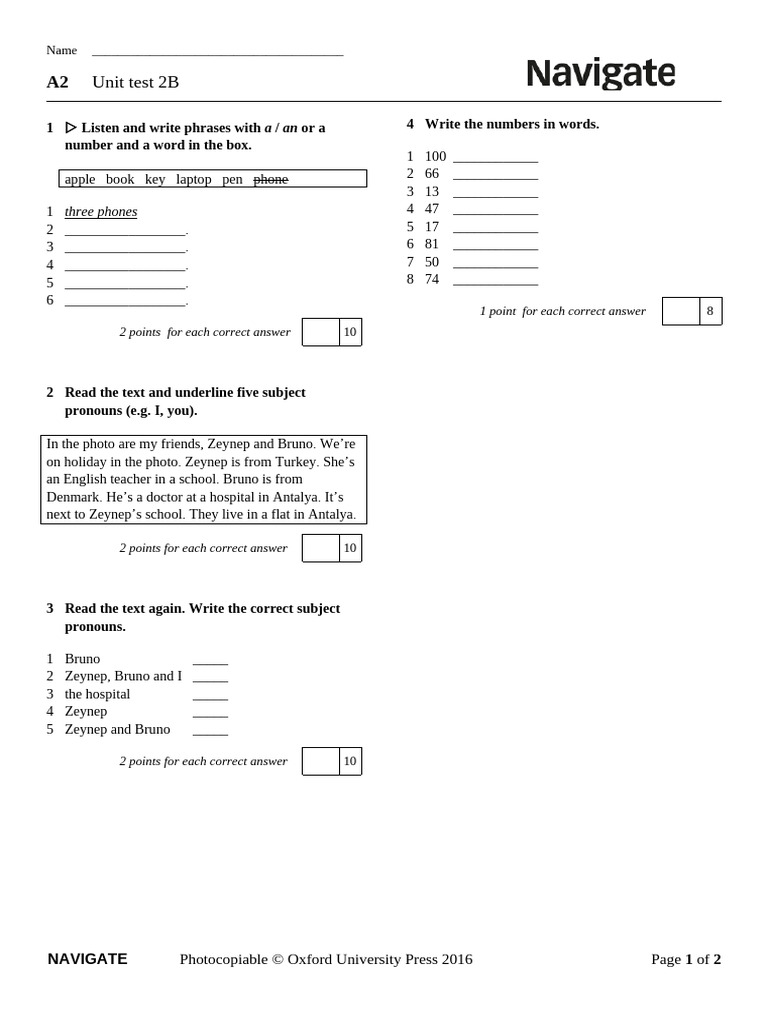 Unit Test 2b Pdf English Language Subject Grammar