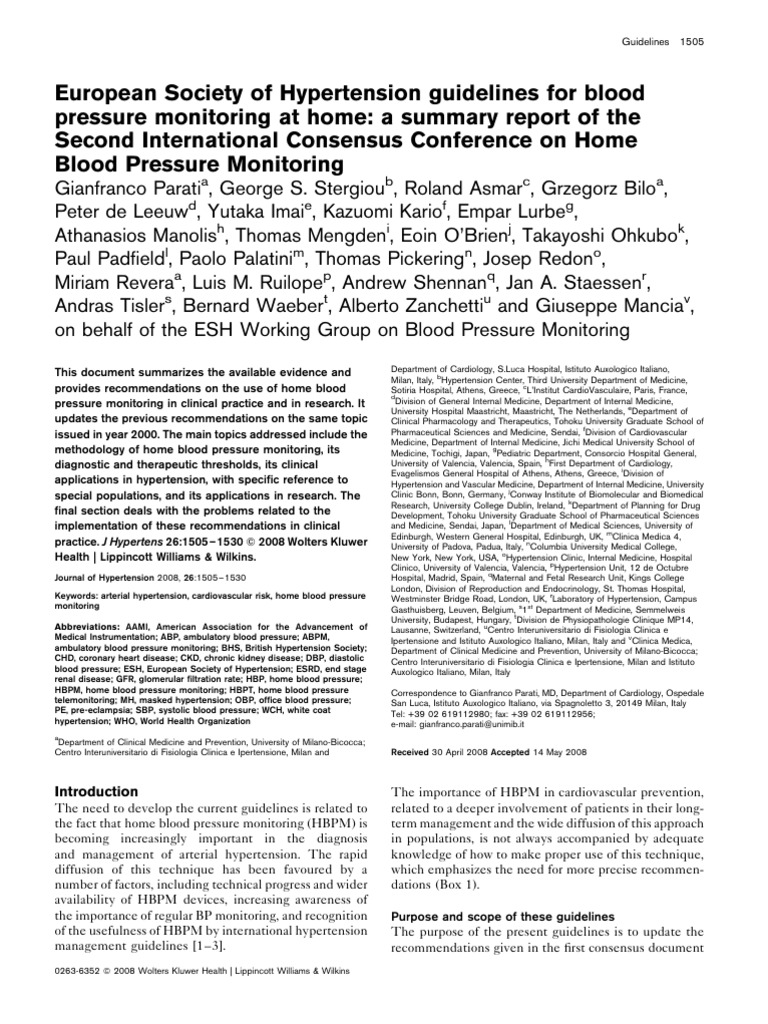 European Society of Hypertension Guidelines For.1 | PDF | Hypertension | Chronic Kidney Disease