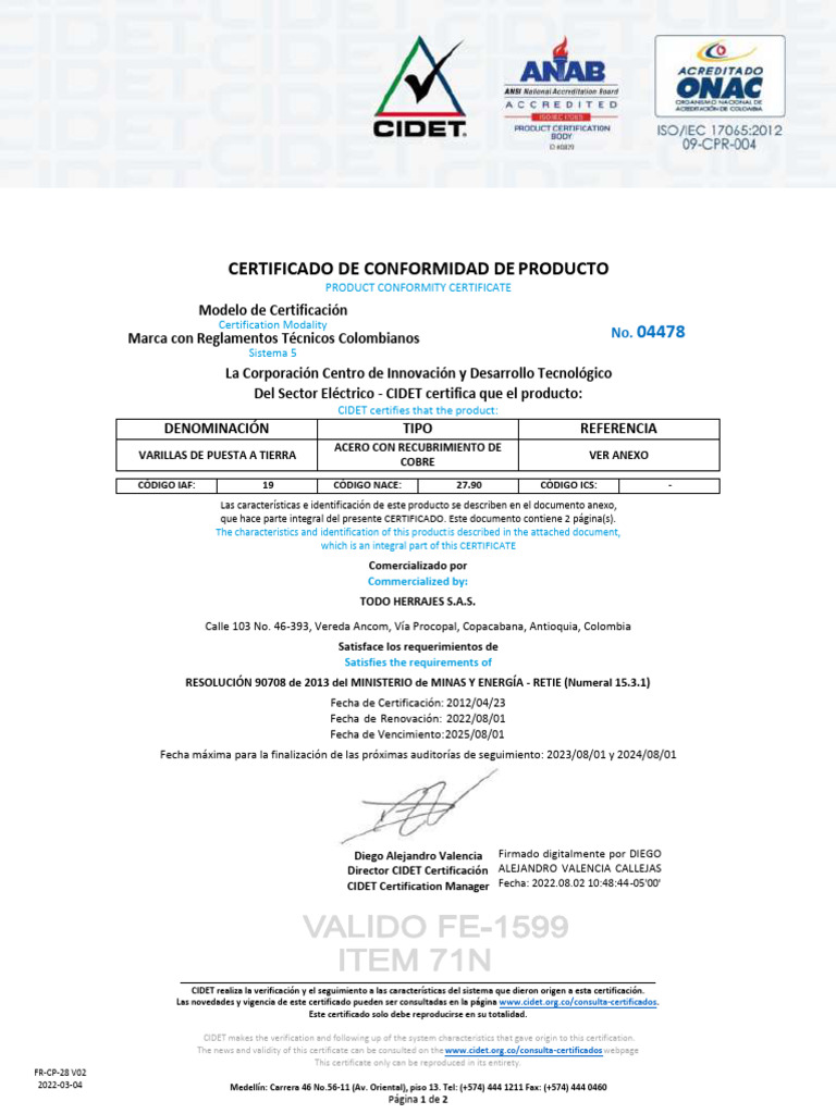 Certificado Retie Actualizado Agosto 2022 04478-Melexa | PDF | Sector ...