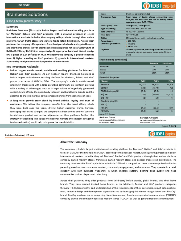 Brainbees - IPO Note - 06082024-06-August-2024-377549316 | PDF | Brand ...