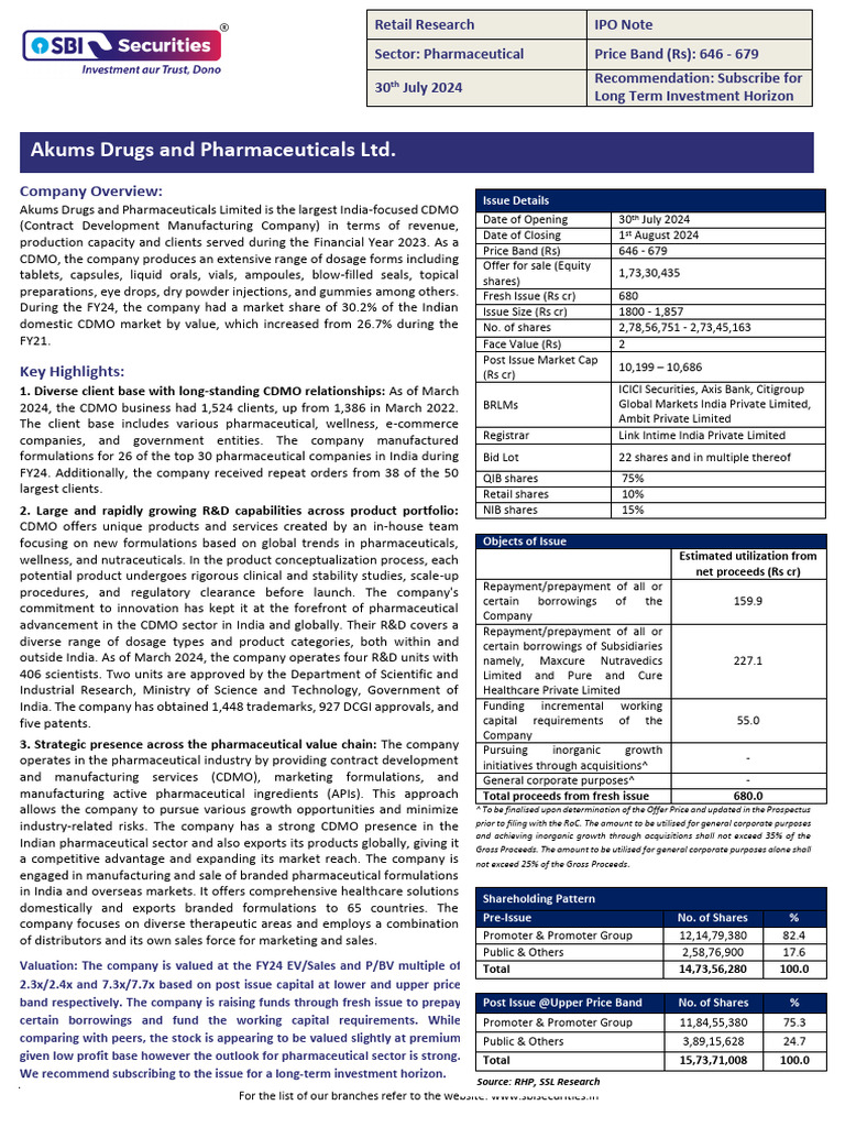 Akums Drugs and Pharmaceuticals Limited_IPO Note | PDF | Securities (Finance) | Financial Services