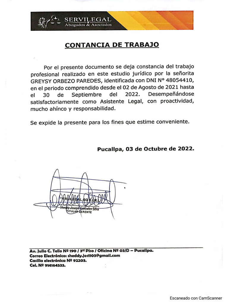Contancia Trabajo Asistente Legal | PDF