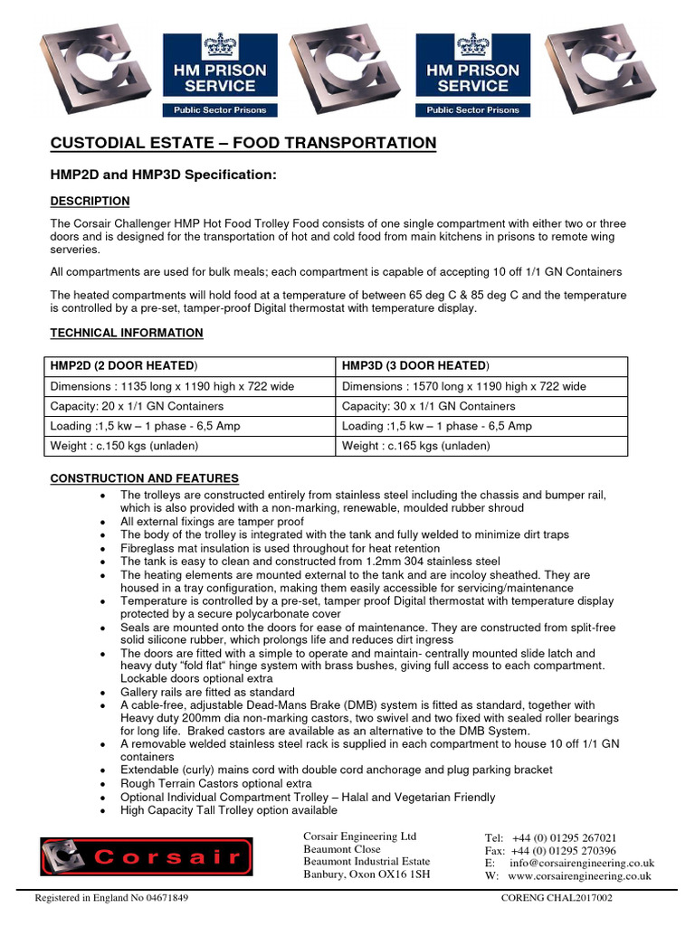 Corsair HMP 2D and 3D Hot Food Trolley Spec 2017 | PDF | Manufactured Goods