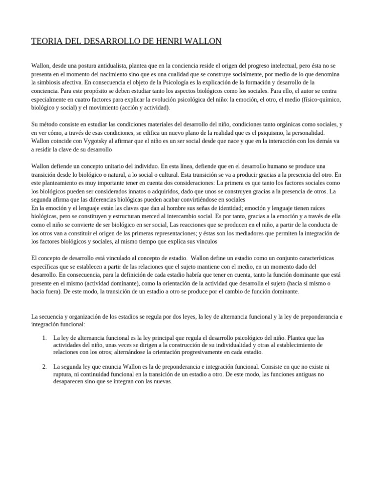 TEORIA DEL DESARROLLO DE HENRI WALLON | PDF | Ciencias del comportamiento | Conceptos psicologicos