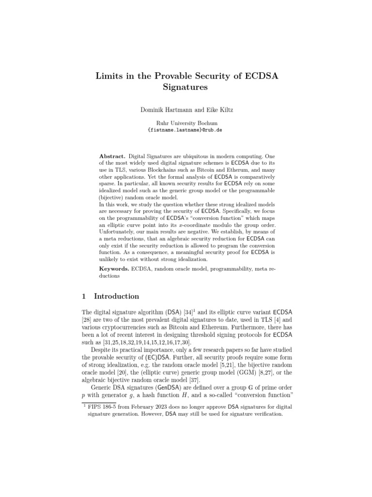 Limits in the Provable Security of ECDSA Signatures | PDF | Function ...