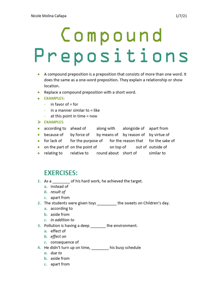 Compound Prepositions Exercises (Nicole Molina C.) | PDF