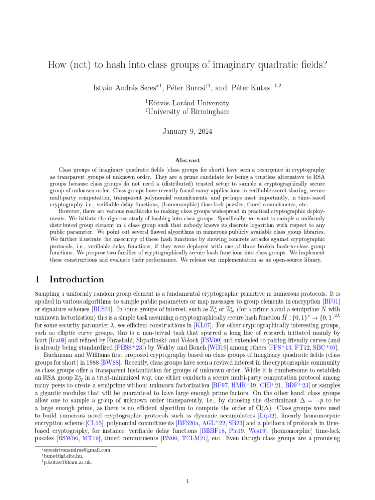 How (Not) To Hash Into Class Groups of Imaginary Quadratic Fields | PDF | Cryptography ...