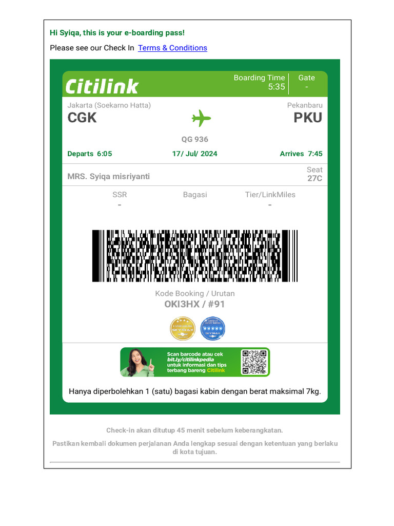 Boarding Pass Cgk-Pku | PDF
