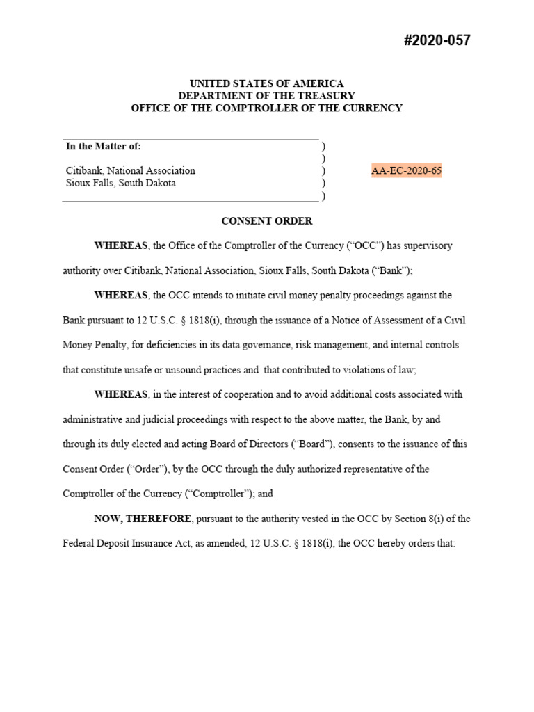 Citibank OCC Orders 1720715745 | PDF | Office Of The Comptroller Of The ...