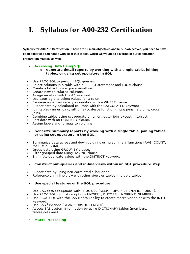 SAS A00-232 HadoopExam SAS BASE Certification Syllabus | PDF | Sas (Software) | Macro (Computer ...