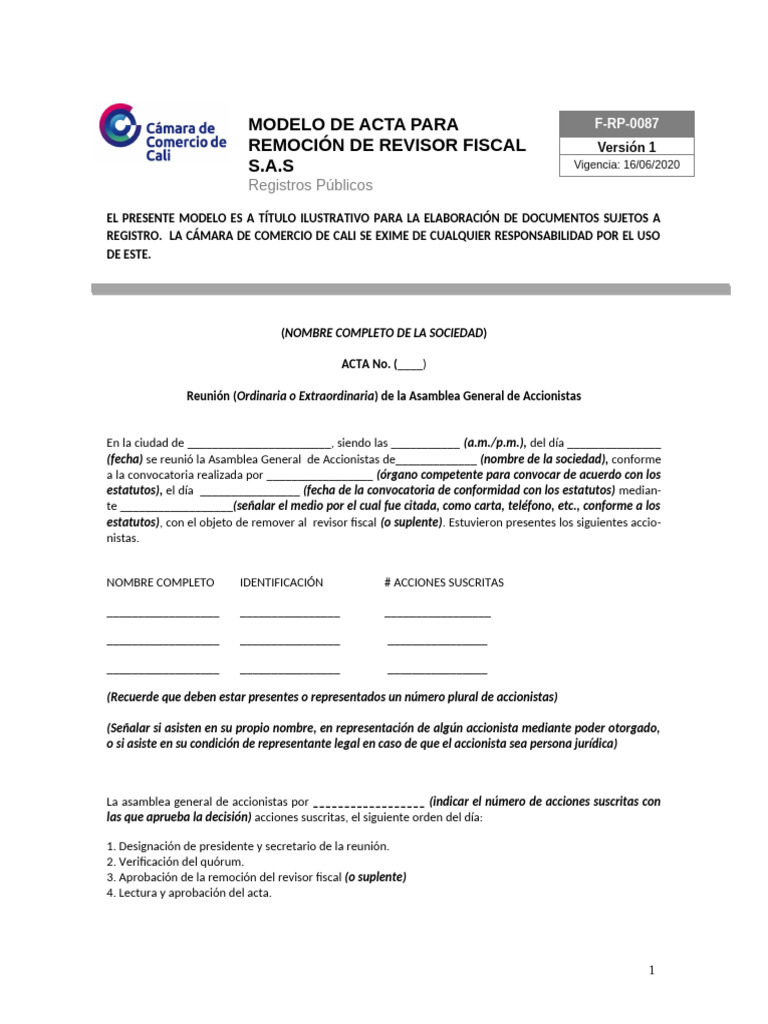 Modelo de Acta para Remoción Del Revisor Fiscal S.A.S. | PDF | Gobierno