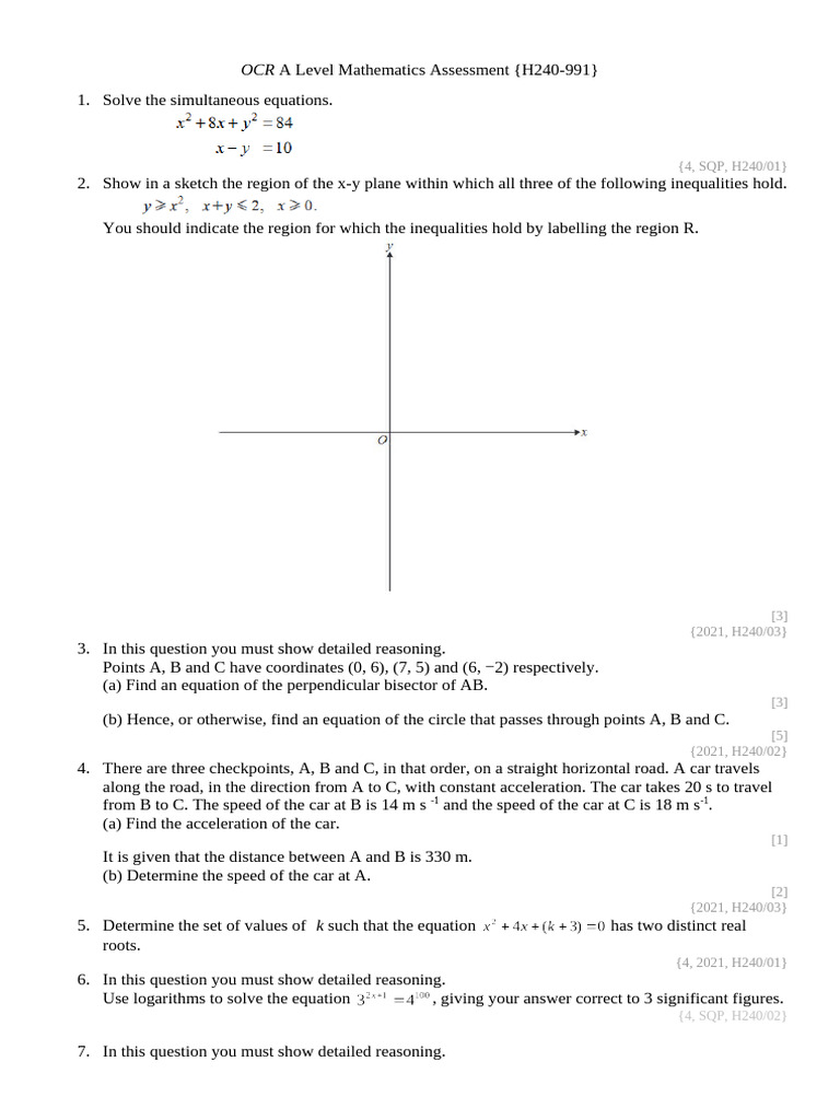 OCR A Level Mathematics Assessment - 991 | PDF | Circle | Equations