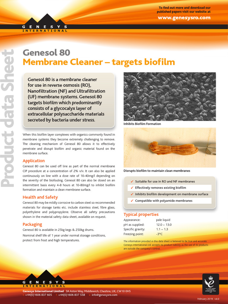 Genesol 80 Biofilm Membrane Cleaner | PDF | Membrane | Biofilm