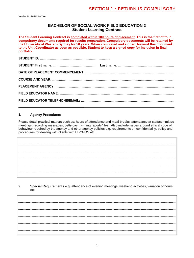 BSW FE2 4th Year Social Work Student Learning Contract and Related Compulsory Returns | PDF ...